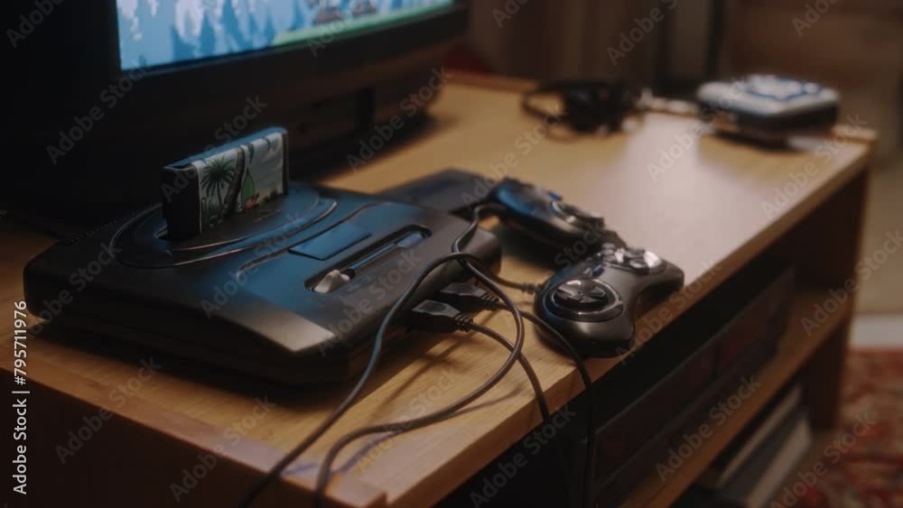 Vidéo Stock No people handheld footage of retro TV game console with ...