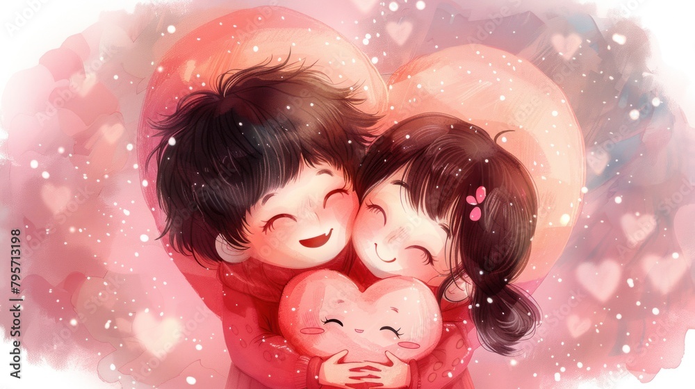 A boy and a girl hug each other. They both smile and close their eyes ...