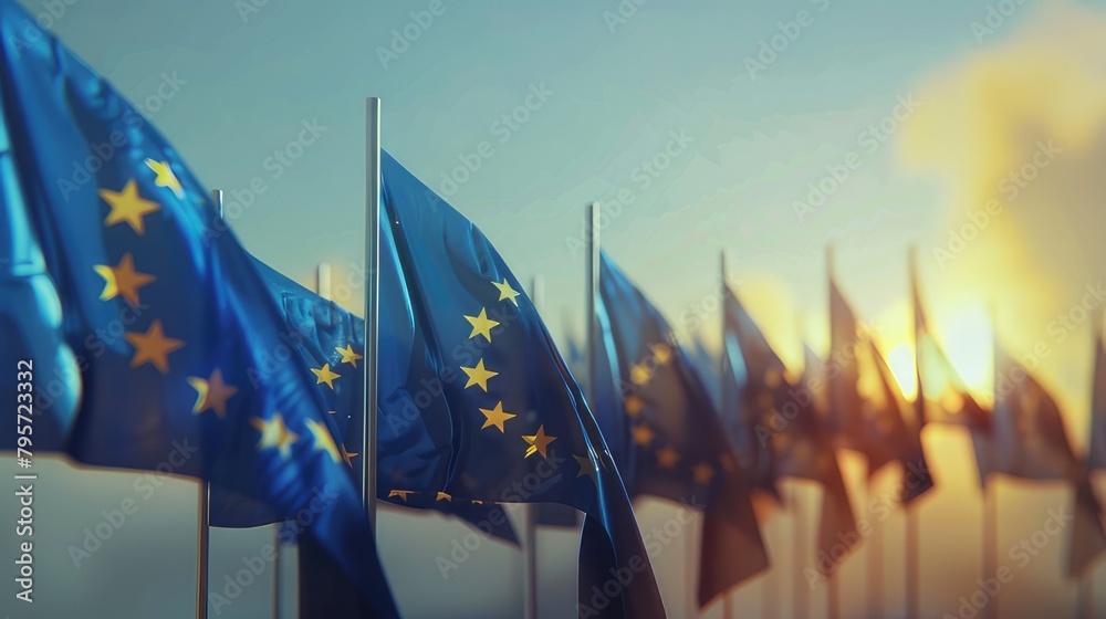 European flags against a background of blue sky with clouds. Stock ...