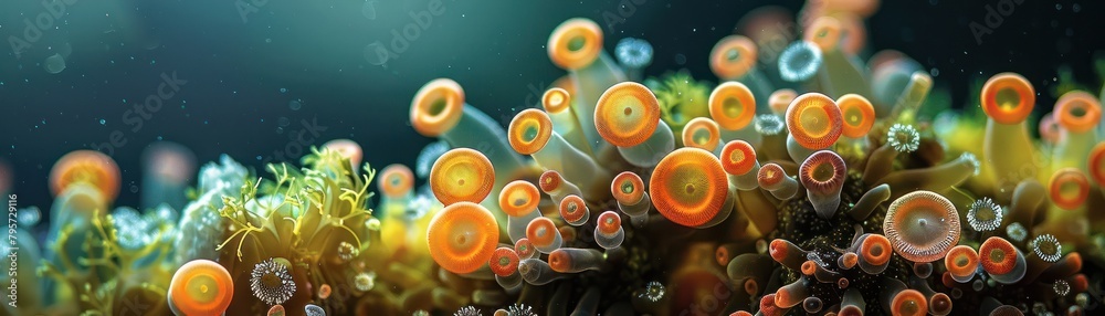 Display a close-up of microbial biofilms on a marine substrate ...