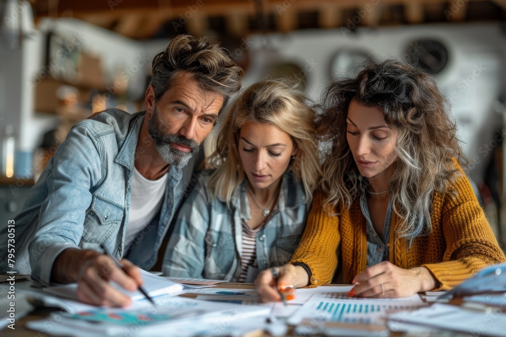 Three adults engaged in a focused brainstorming session with papers and ...