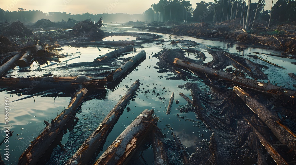 A detailed, high-resolution image showing a river polluted and clogged ...