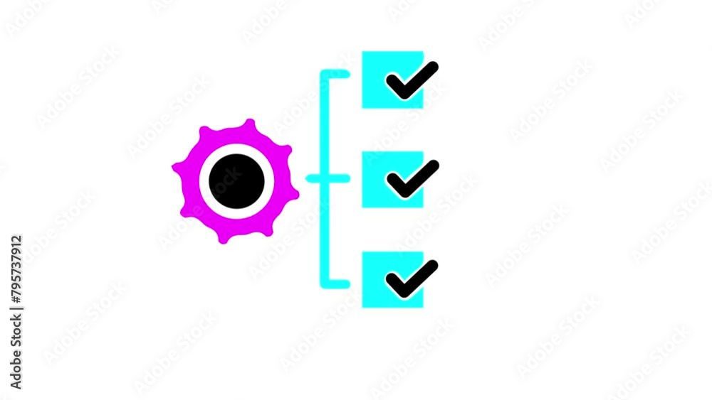 Project management line animation. Check list with rotating gears ...