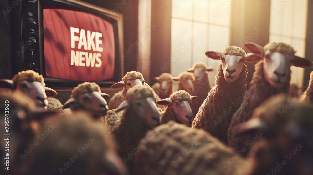 Flock of sheep in home interior watching TV with fake news. Television ...