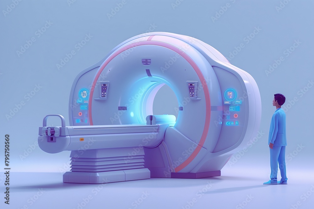 Toy model of magnetic resonance machine with assistant standing near ...