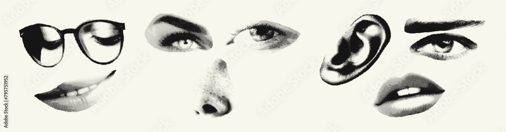 Face parts bitmap dithering texture elements set. Ear, nose, female ...