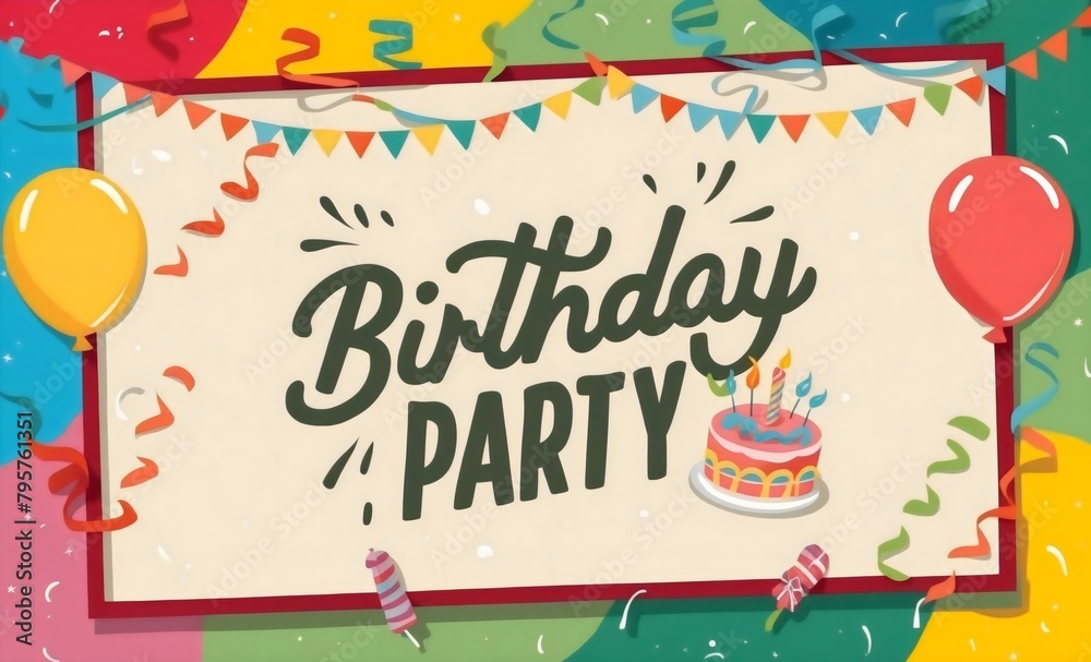 "Birthday Party" text frame banner with colorful banner tags, ribbons ...
