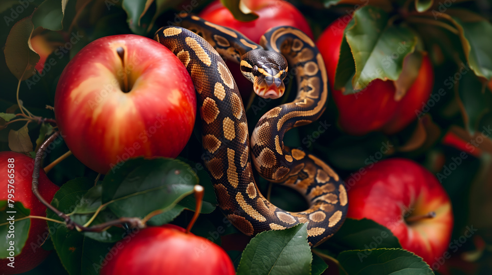 A ball python serpent curls around the branches of an apple tree ...