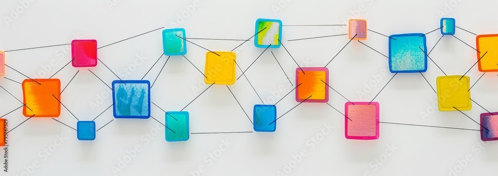 A minimalistic drawing of colorful squares connected by thin lines ...