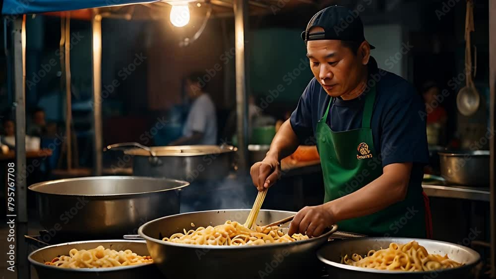 street food chef preparing noodles at a stall in a bustling Southeast ...
