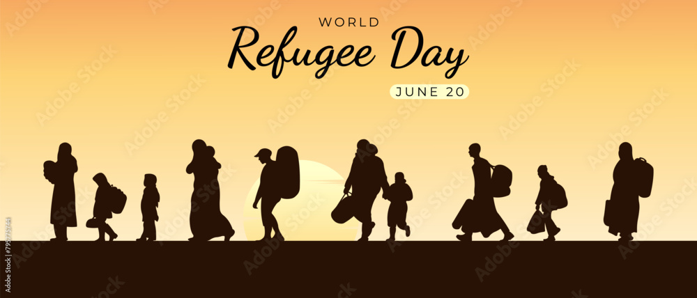 World Refugee Day.Horizontal banner with silhouettes of refugees.Vector ...