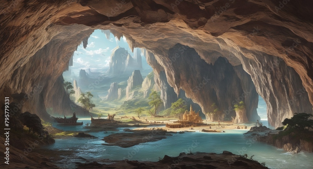 A view of Noah Ark from within a cave, showing the Ark floating on ...