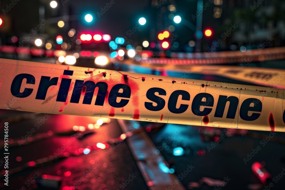 Crime scene tape crosses the frame with a blood-stained handprint and ...