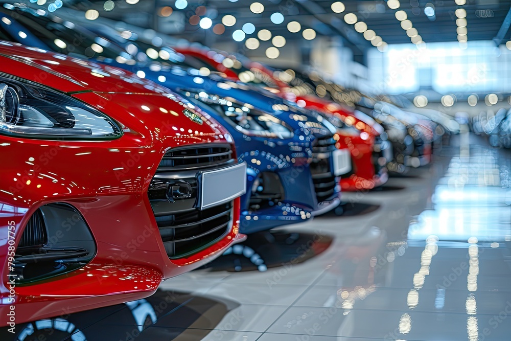 A row of cars are on display in a showroom. The cars are of different ...