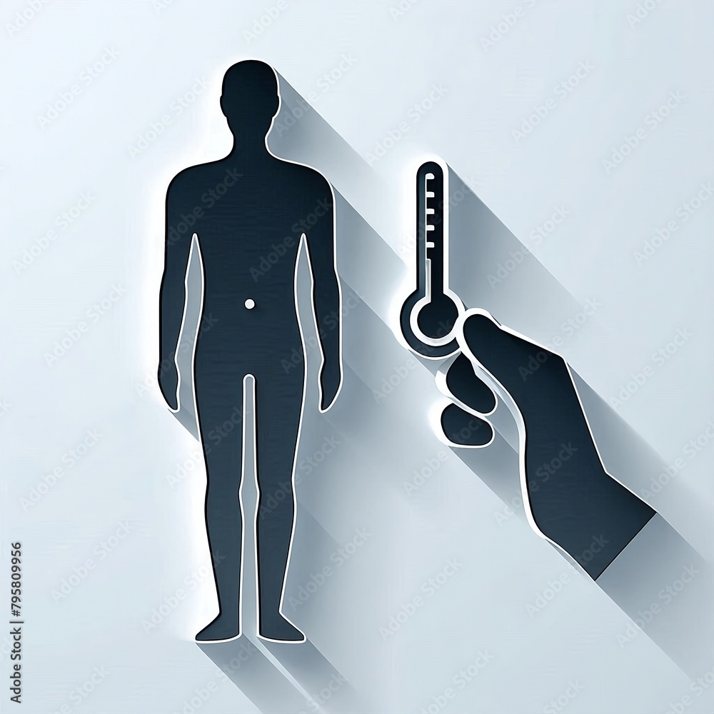 Checking body temperature. Icon with long shadow on blank background in ...