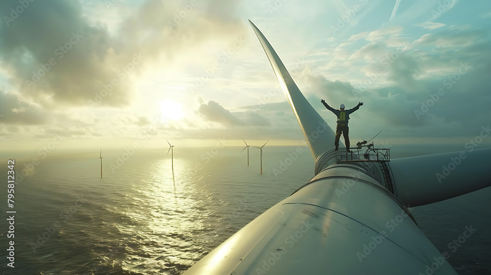 a remarkable scene atop a wind turbine. Here are the details: A person ...