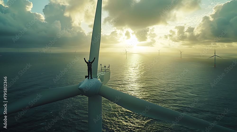 a remarkable scene atop a wind turbine. Here are the details: A person ...