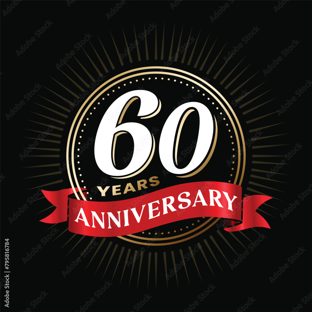 60 years anniversary logo design with red color ribbon and gold shiny ...