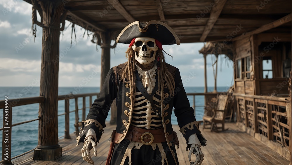 A skeleton dressed as a pirate, complete with a tattered hat and a ...