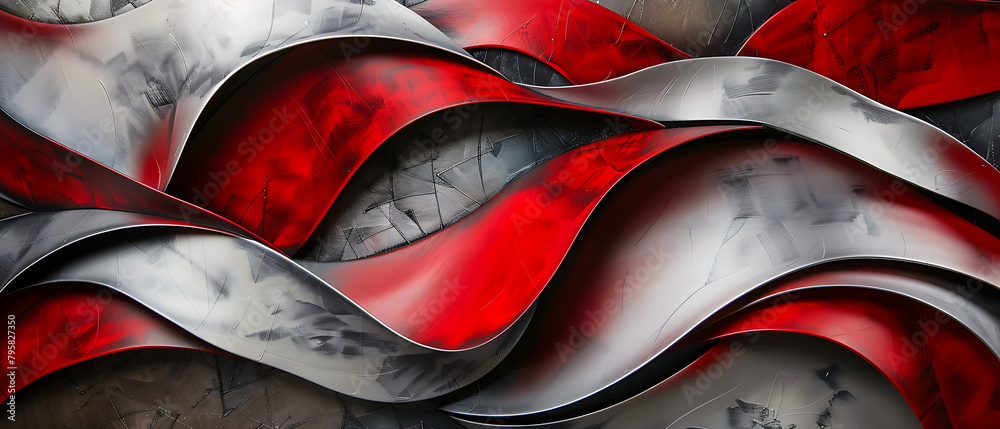 This abstract art piece features curved red and grey metallic shapes ...