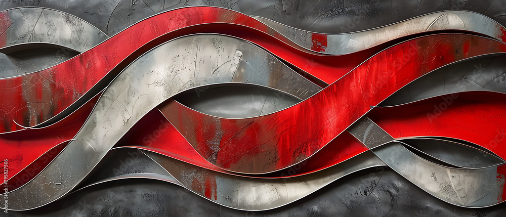 This abstract art piece features curved red and grey metallic shapes ...