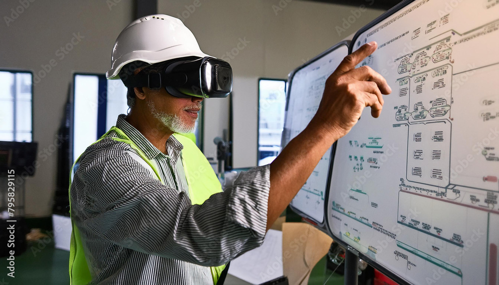 Engineer using a AR goggles designing a dashboard in a control room ...