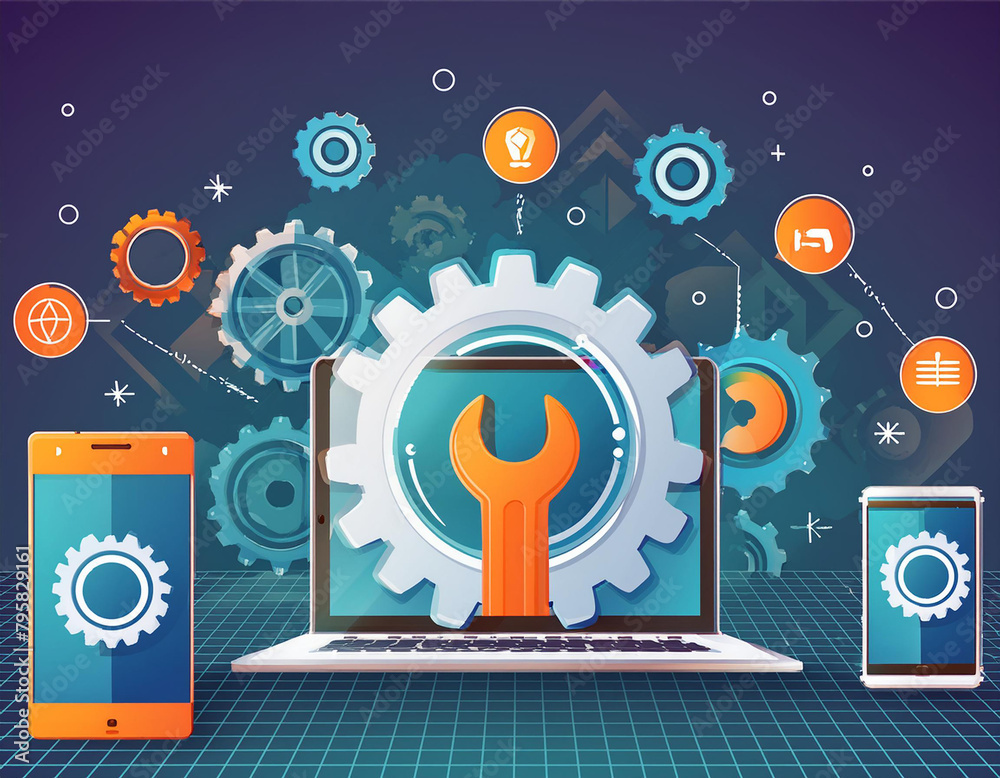 Futuristic Tech Repair Concept with Laptop, Smartphone, and Tools ...