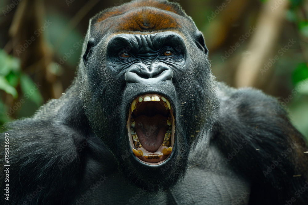 Angry aggressive monkey gorilla in jungle. King Kong, howling in the ...