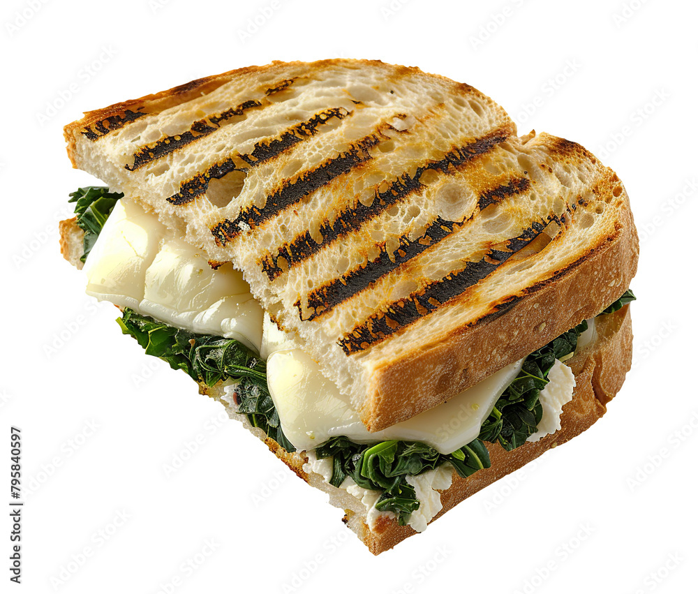 Pressed broccoli rabe and mozzarella sandwich on transparent background ...