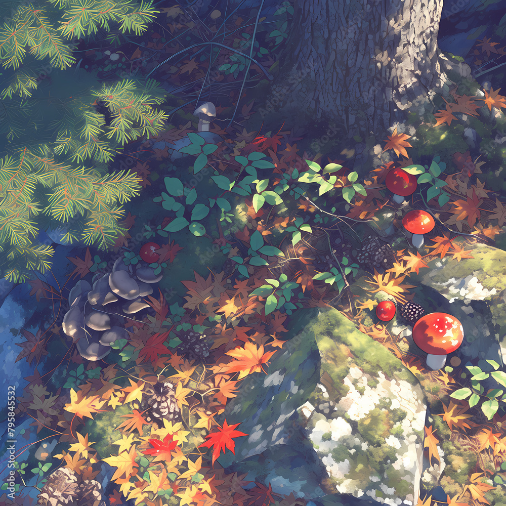 Explore a captivating ground-level forest view, teeming with mushrooms ...