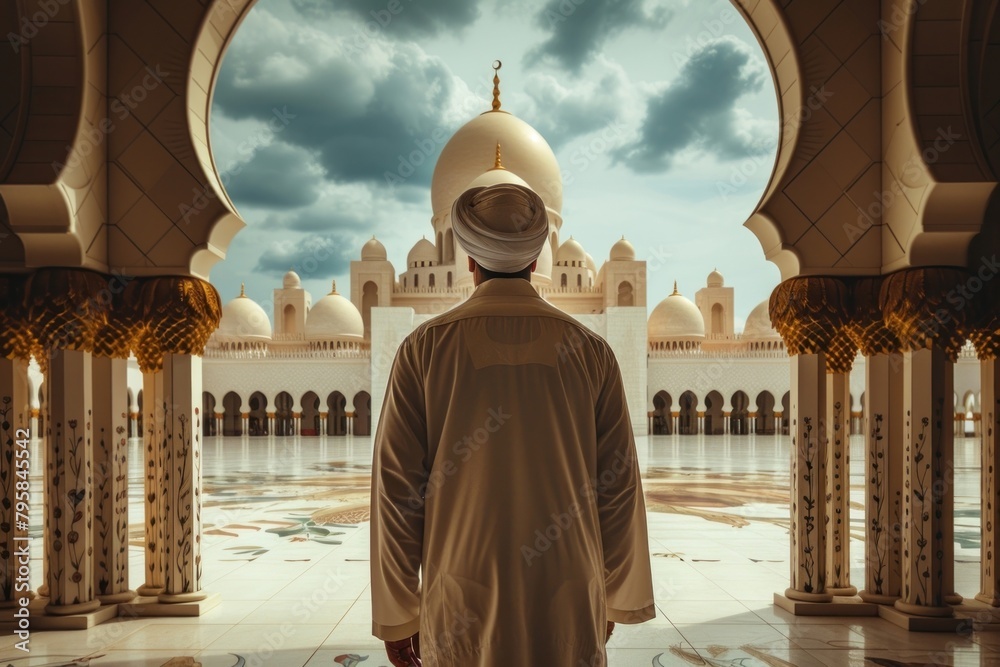 Muslim imam looking at beautiful mosque architecture building adult ...