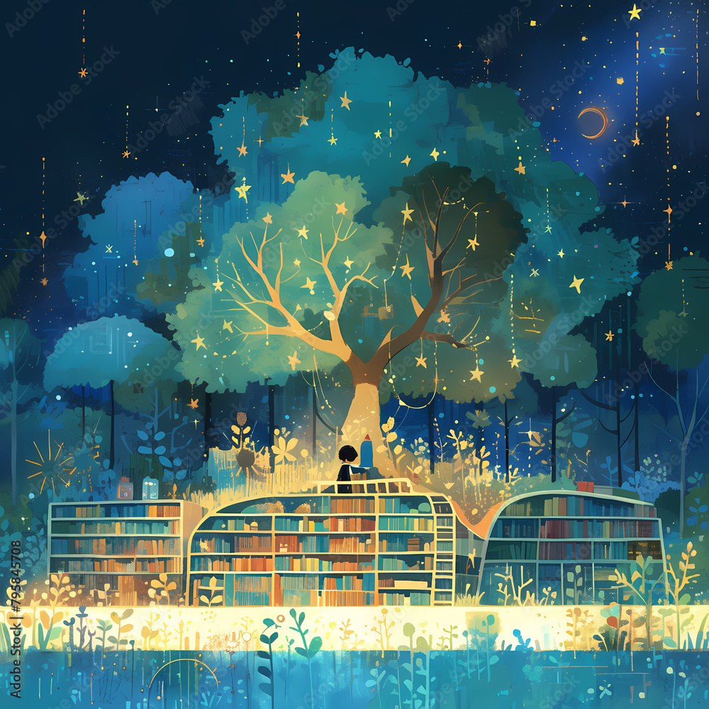 A captivating night scene of a unique forest library, where bookshelves ...