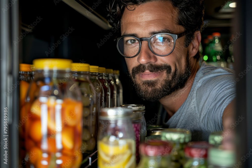 Smiling Man Choosing Preserved Foods in Refrigerator. Cheerful man with ...