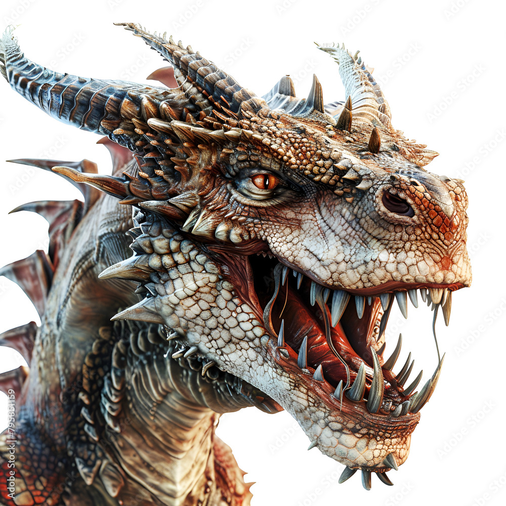 Agressive and ferocious dragon, half body close up, Isolated on ...
