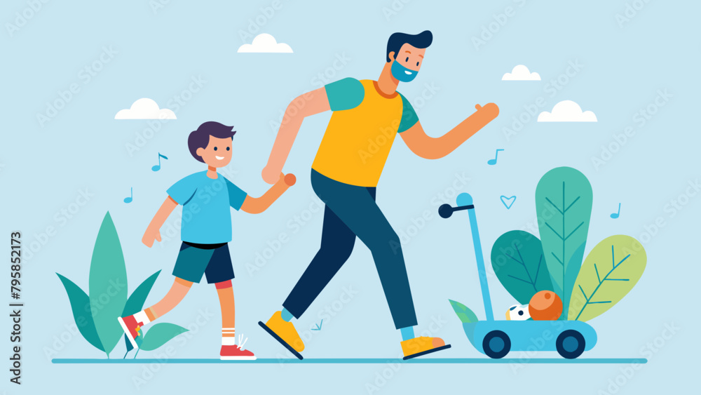 paternity father and son walk roll-on roller cartoon vector ...