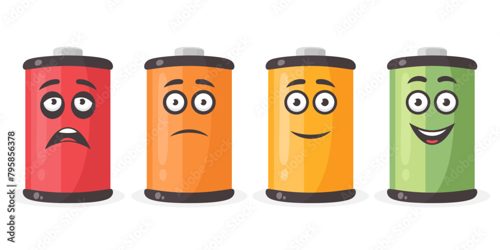 Low Battery and Full Battery Character Icon Set. Funny Cartoon Battery ...