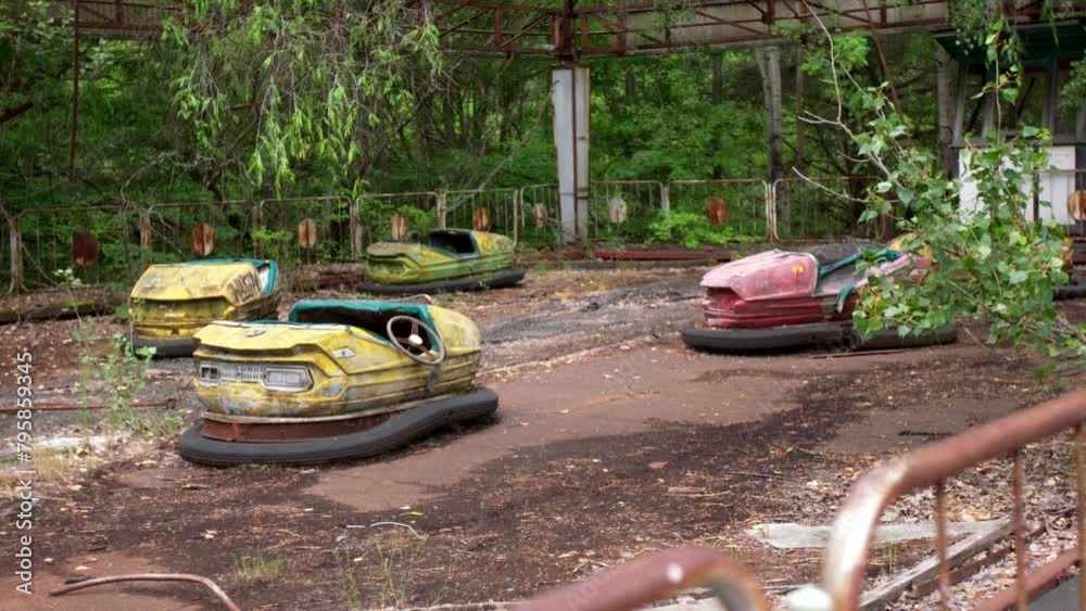 Abandoned car attraction in the city of Pripyat. The whole playground ...