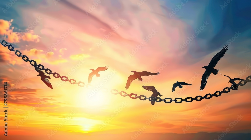 Silhouette of free flying bird and chain against sunset background ...