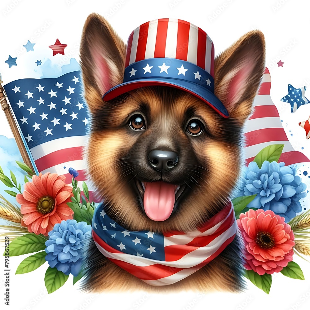 German Shepherd Dog Patriotic with American Flag. Watercolor 4th July ...