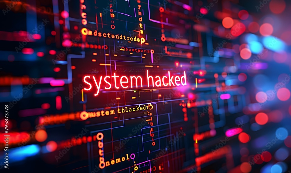 System hacking with info message "system hacked". Background with a code on a blue background ...