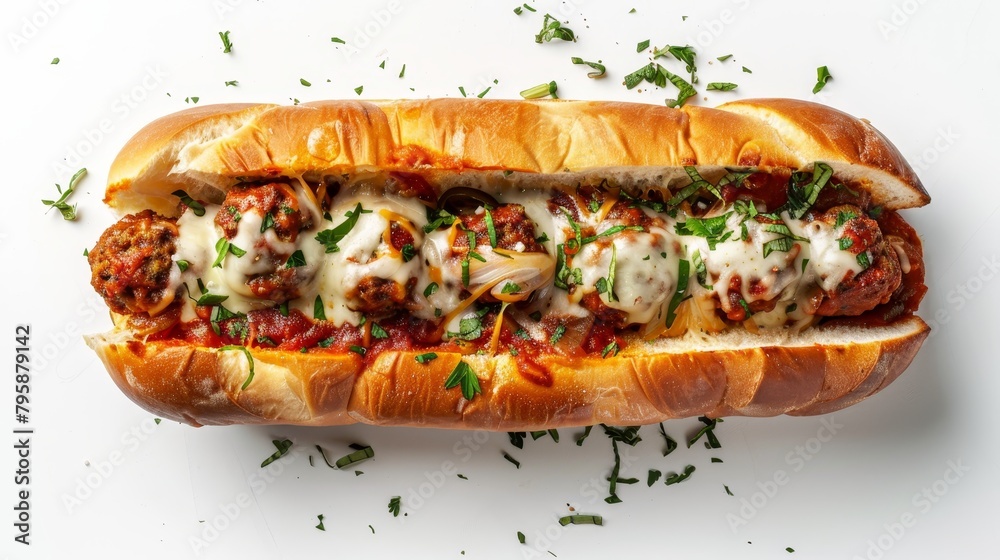 High-quality top view of toasted meatball subs, smothered in marinara ...