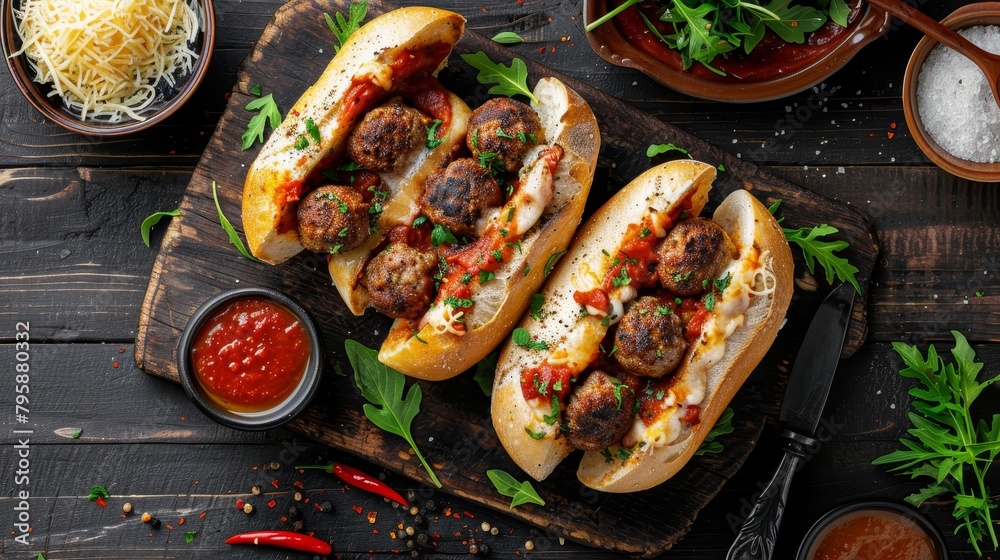 Gourmet top view of cheesy meatball subs with garlic beef meatballs ...