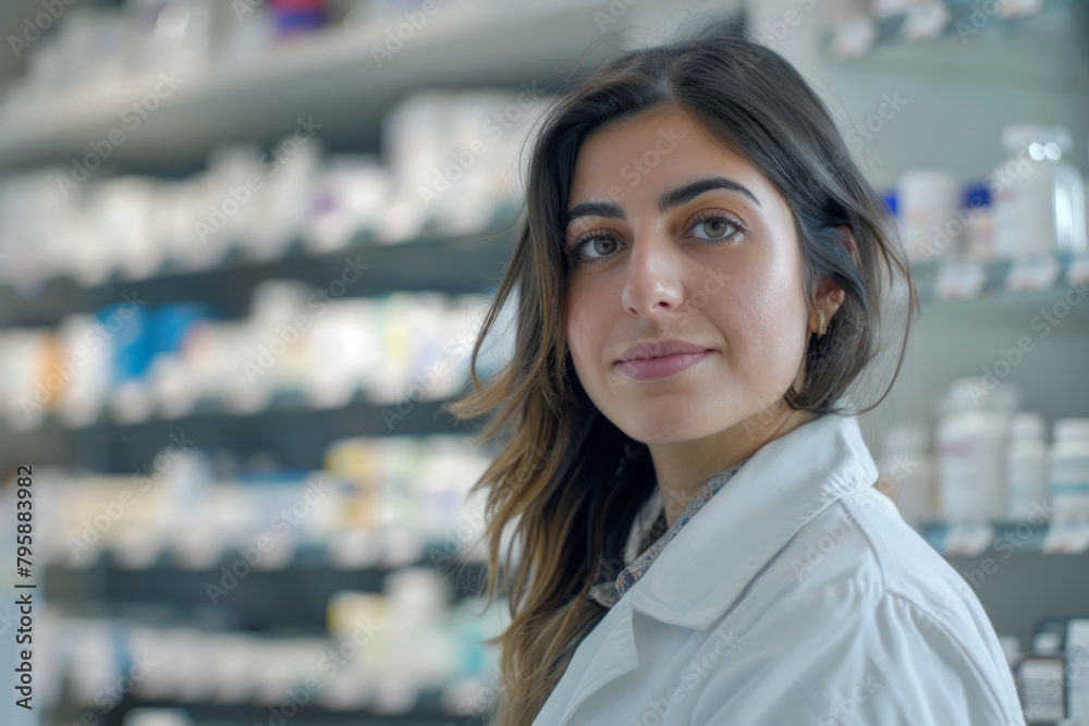 Closeup Portrait of a female pharmacist in a modern pharmacy, standing ...