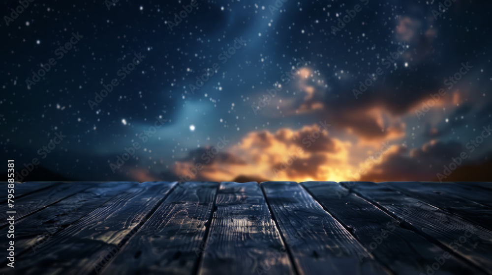 Empty Old Black Lacquer Table with Blurred Night Sky Theme in ...