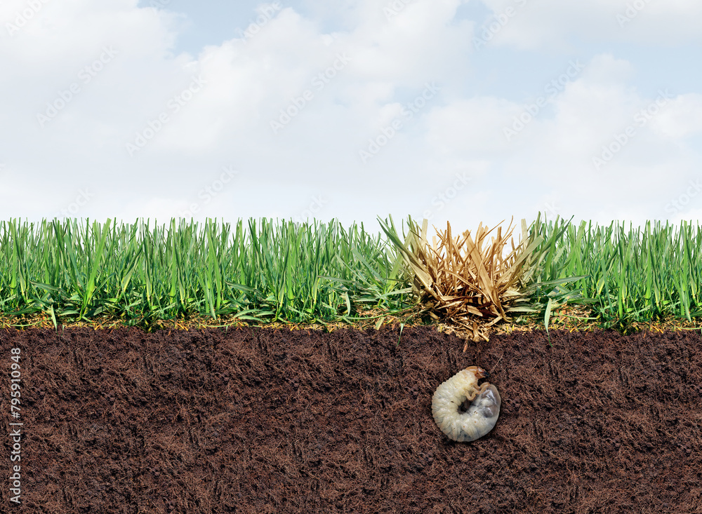 Lawn grub damage as chinch larva damaging grass roots causing a brown ...