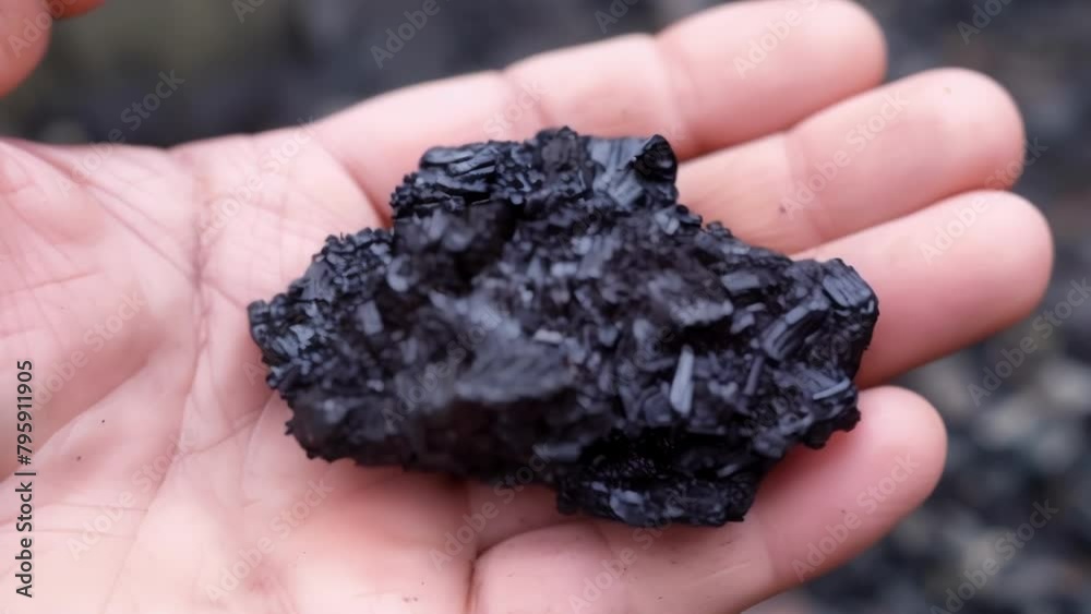 A closeup of a small lump of biochar p in the palm of a hand. The ...