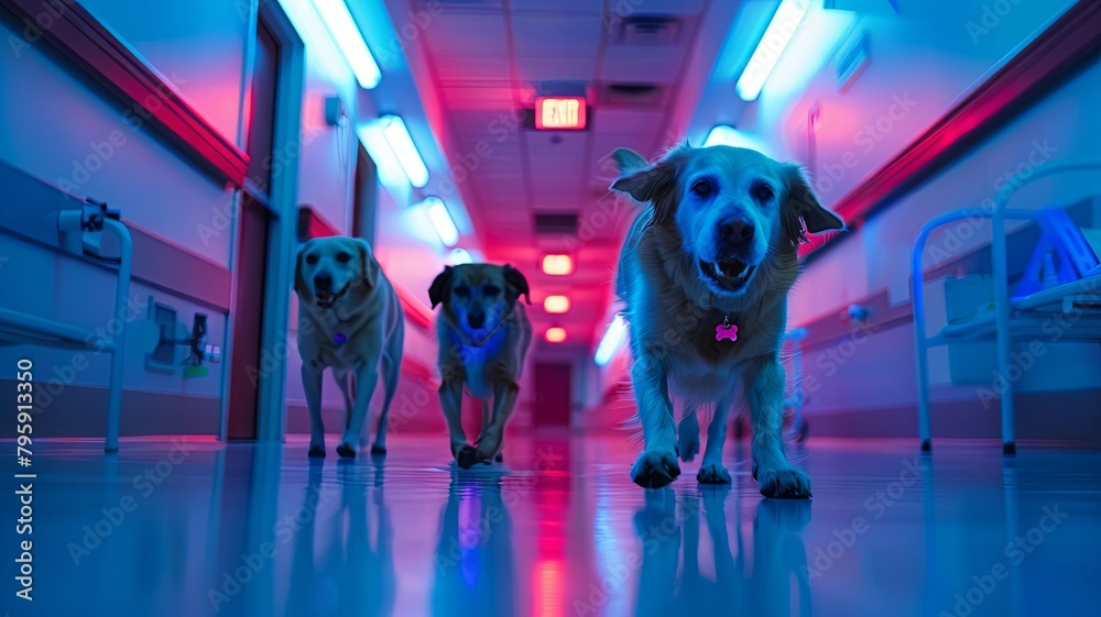 Three dogs with pixelated faces in a vibrant corridor - A captivating ...