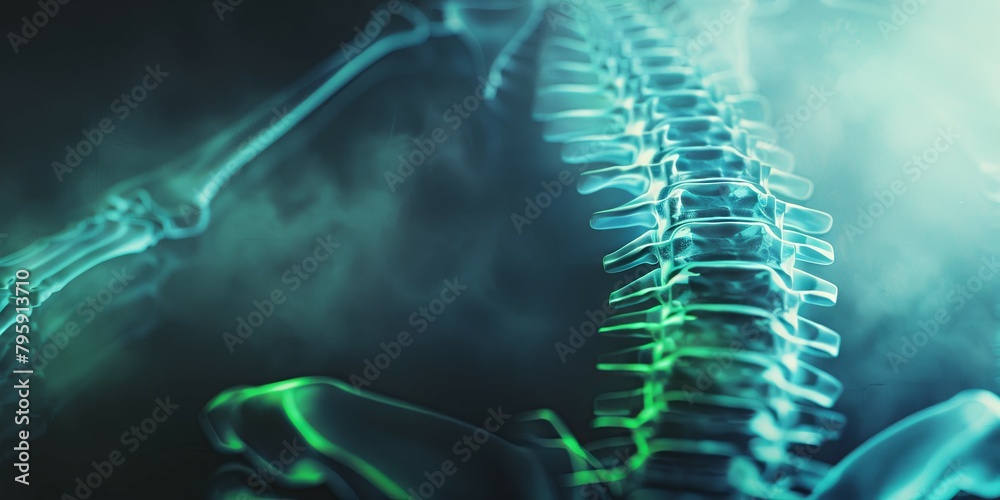 Human spine illuminated with blue and green lights - A dramatic and ...