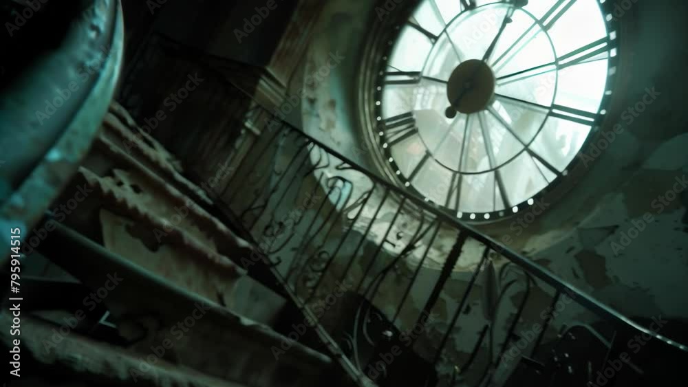 In abandoned clock tower, time bends and warps. Lone forgotten clock ...