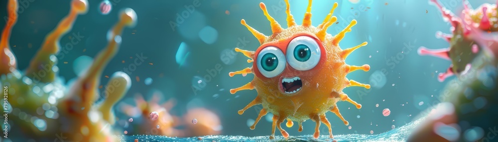 Under a microscope, a cartoon germ with big, expressive eyes waves ...